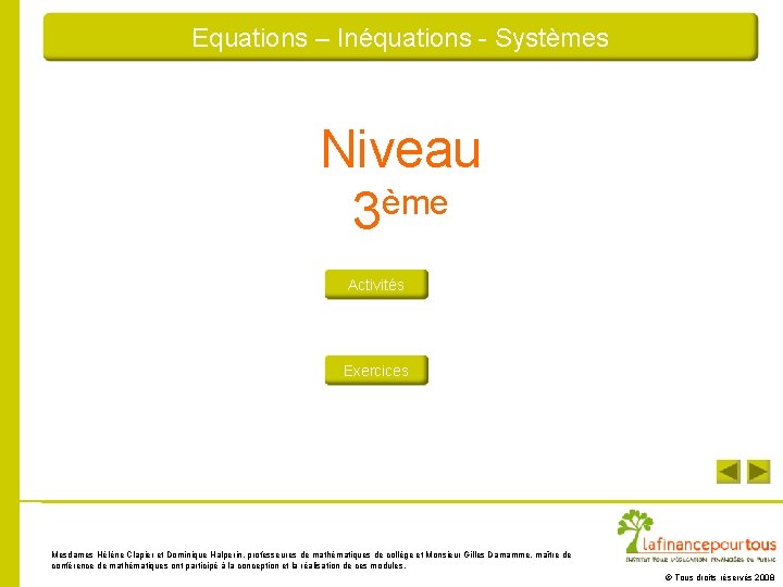 Equations Inquations Systmes Niveau 3me Activits Exercices Mesdames