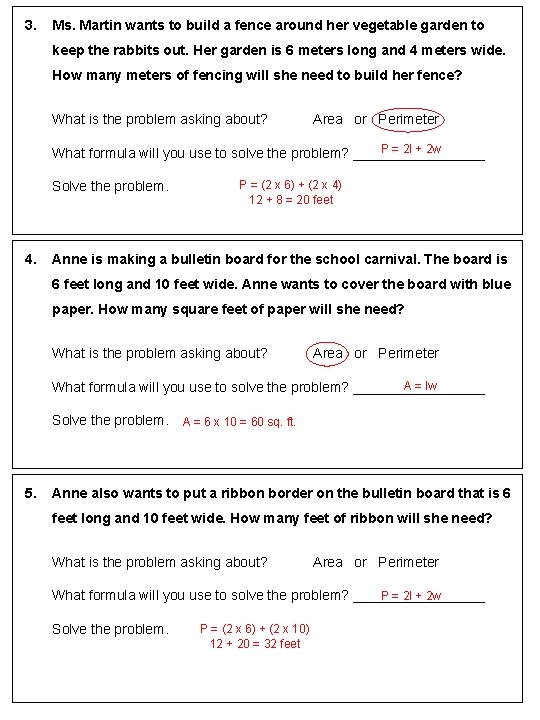 Name Area and Perimeter Directions Read each problem