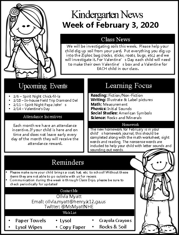 Kindergarten News Week of February 3 2020 Class