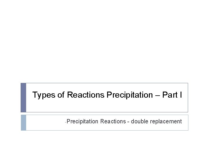 Types of Reactions Precipitation Part I Precipitation Reactions