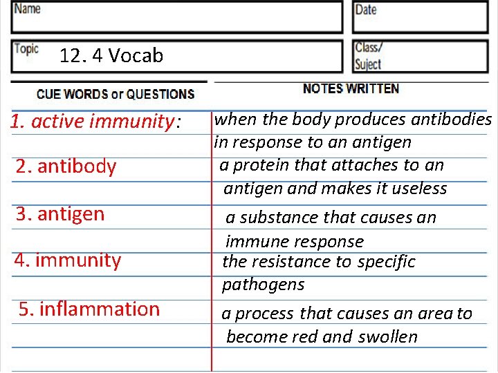 Lesson 12 4 Defense Vocabulary pathogen immunity inflammation