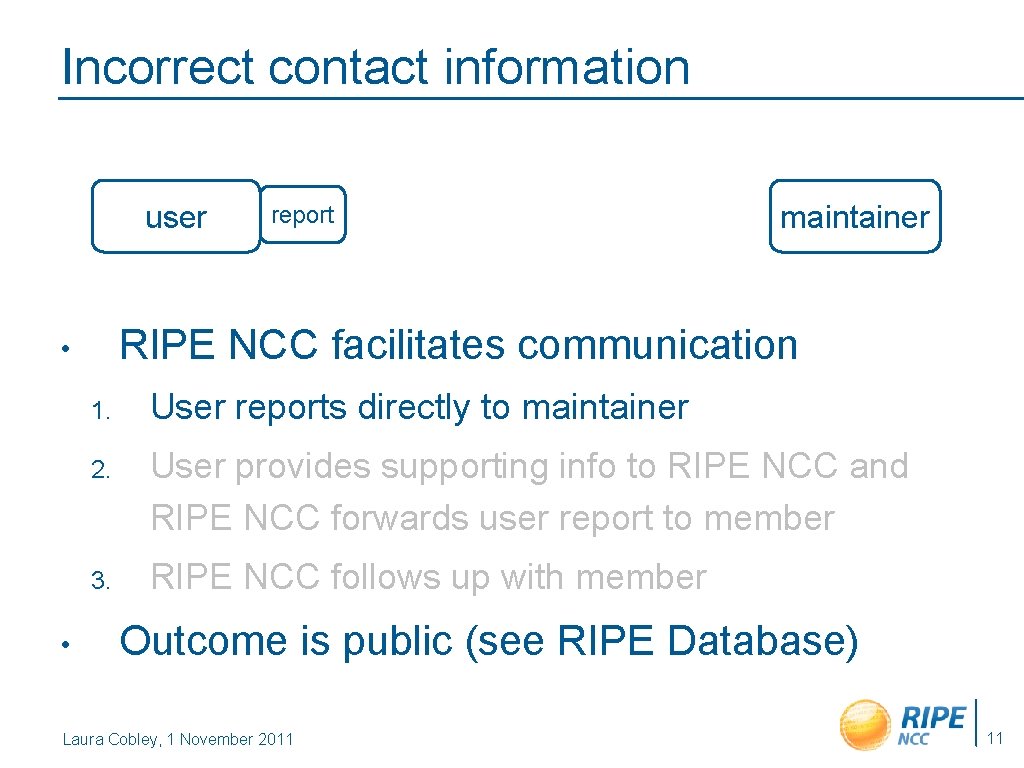 Reporting to the RIPE NCC Laura Cobley RIPE