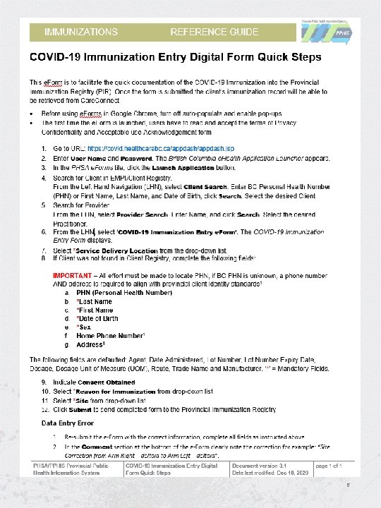 COVID19 Immunization Entry Form Training and User Guide