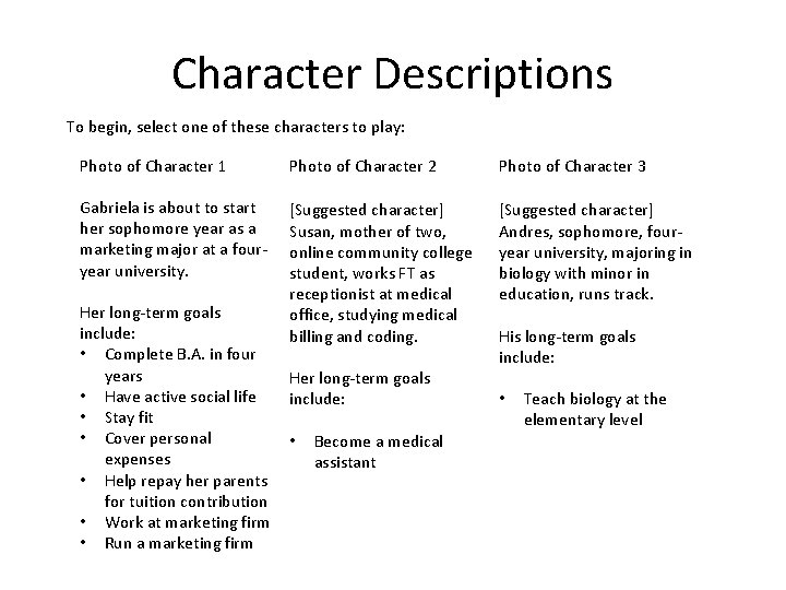Character Descriptions To begin select one of these