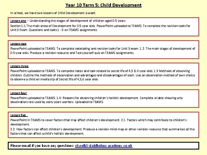 Year 10 Term 5 Child Development In school