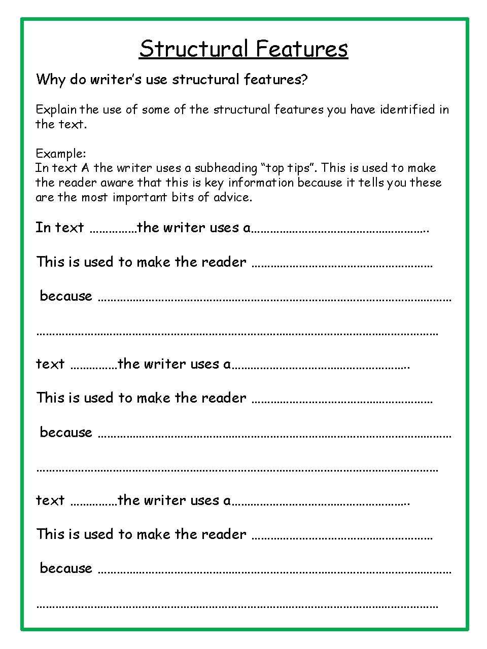 English Home Learning Booklet Writers Use of Structure