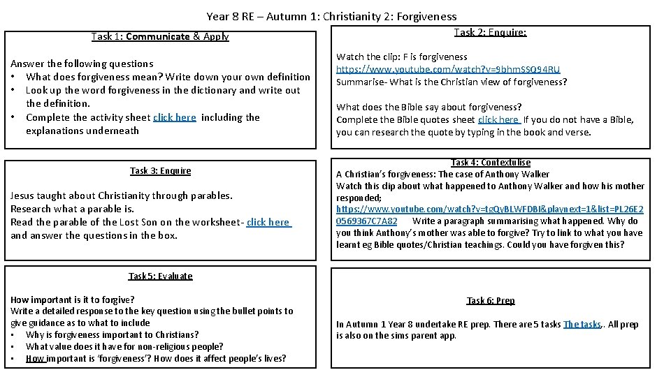 Year 8 RE Autumn 1 Christianity 2 Forgiveness