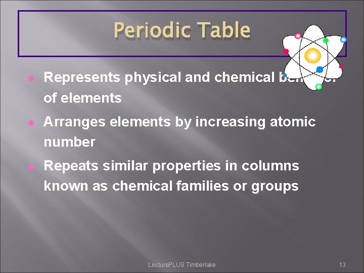 INTRODUCTION TO THE PERIODIC TABLE Atomic Number Symbol