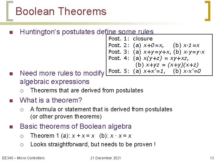 EE 345 MicroControllers Boolean Algebra and Logic Gates
