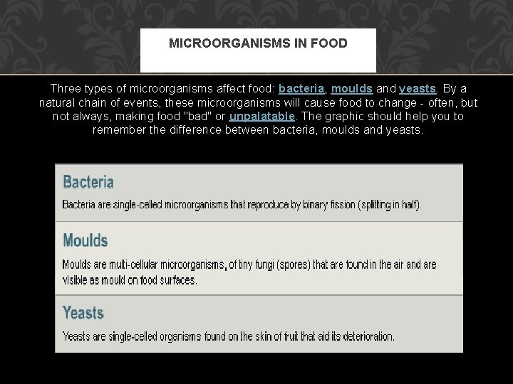 PRESERVATIVES MICROORGANISMS IN FOOD Three types of microorganisms