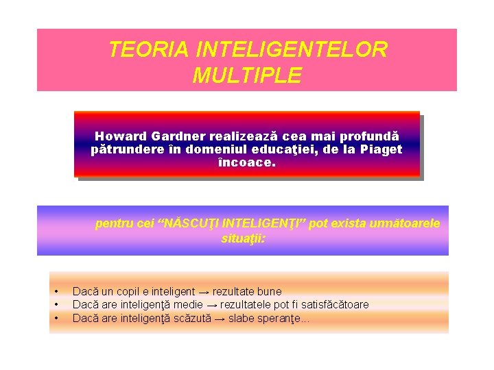 TEORIA INTELIGENTELOR MULTIPLE Howard Gardner realizeaz cea mai