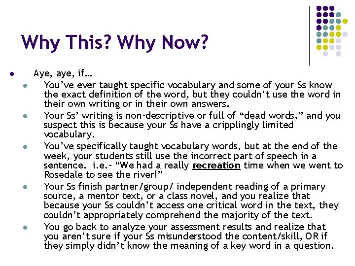 Why This Why Now l l l Aye