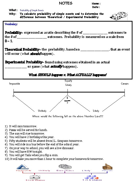 NOTES Name Date What Probability of Simple Events