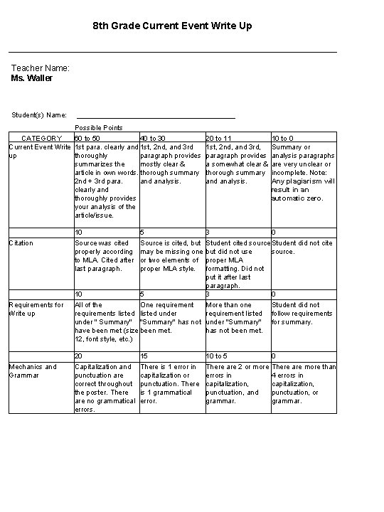 8 th Grade Current Event Write Up Teacher
