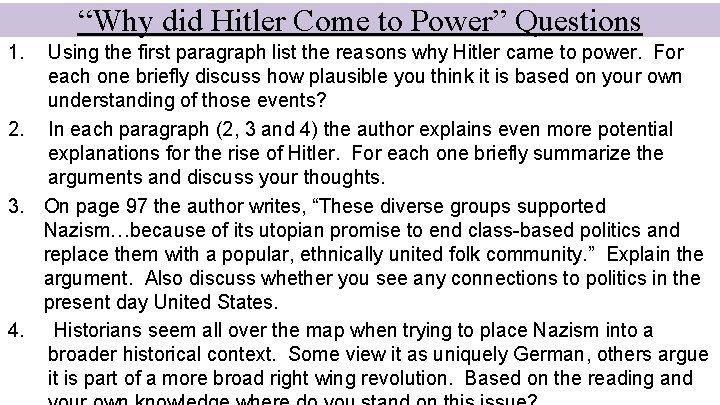 Why did Hitler Come to Power Questions 1