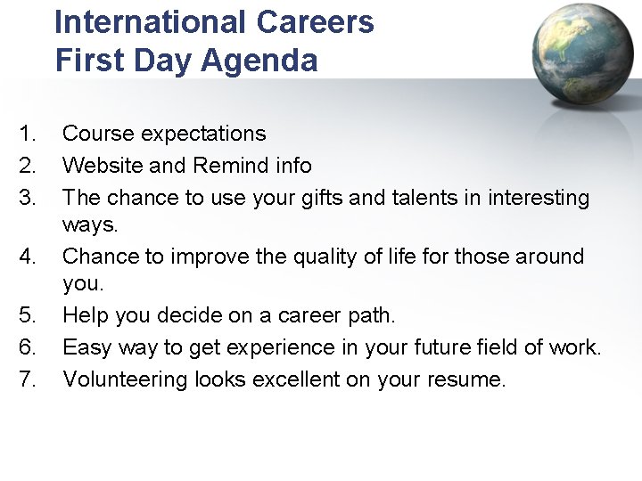 International Careers First Day Agenda 1 2 3