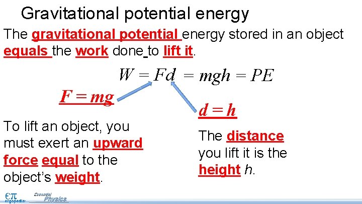 Gravitational potential energy pg 41 Objectives Investigate examples