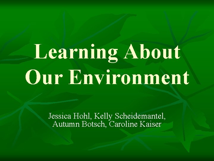 Learning About Our Environment Jessica Hohl Kelly Scheidemantel
