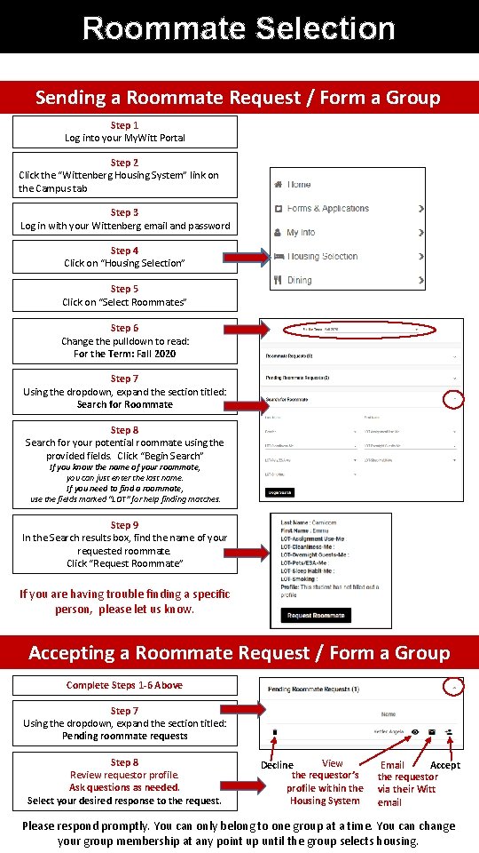 Roommate Selection Sending a Roommate Request Form a