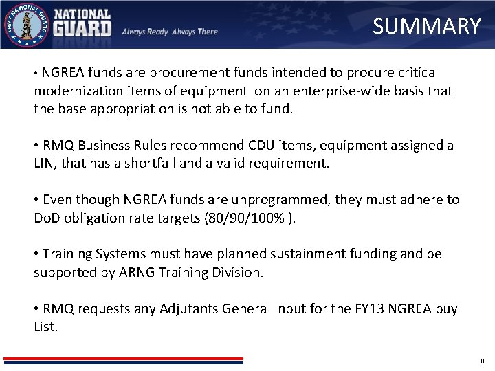 National Guard and Reserve Equipping Appropriation NGREA Update