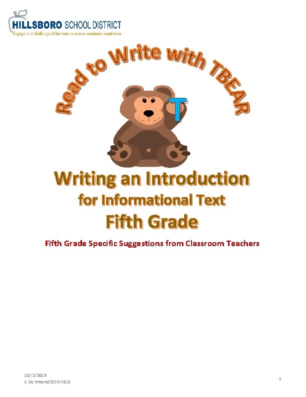 T Writing an Introduction for Informational Text Fifth