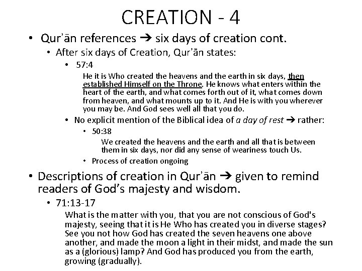 CREATION THE ENVIRONMENT IN ISLAM STRUCTURE OF PRESENTATION
