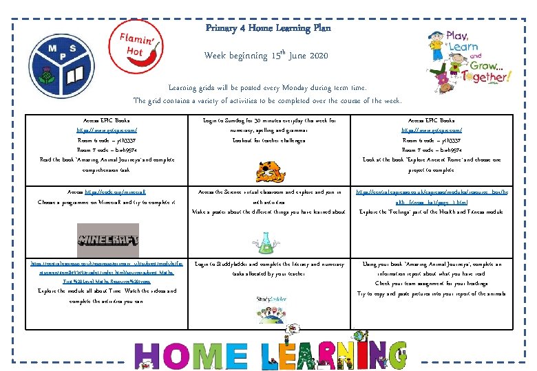 Primary 4 Home Learning Plan Week beginning 15