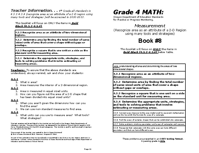 Teacher Information 4 th Grade all standards in