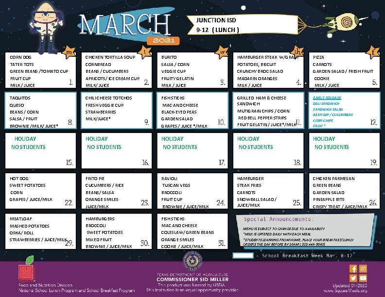 JUNCTION ISD 9 12 LUNCH CORN DOG TATER