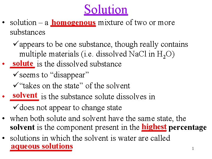 Solution solution a homogenous mixture of two or