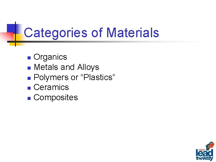 Categories of Materials Organics n Metals and Alloys