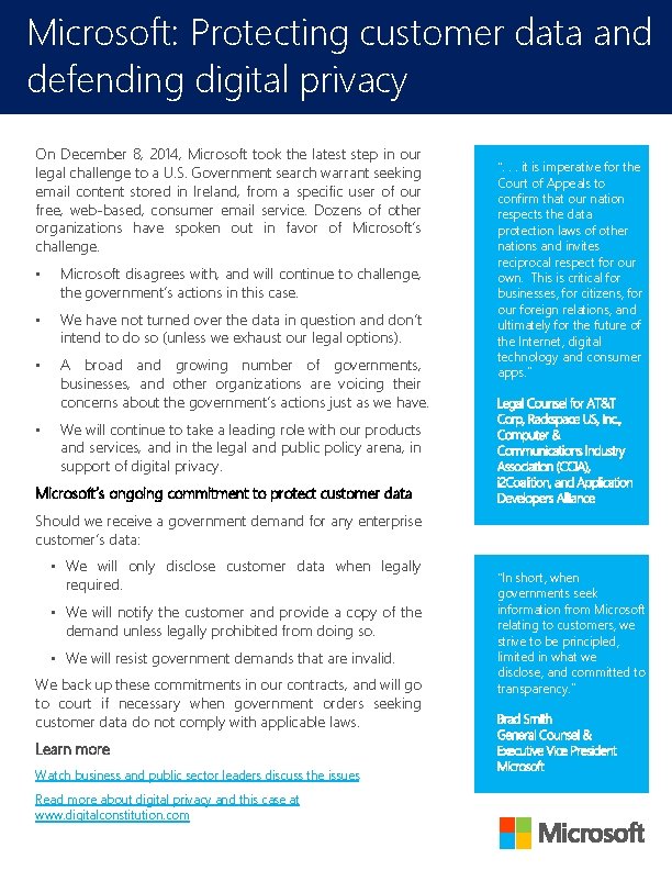 Microsoft Protecting customer data and defending digital privacy