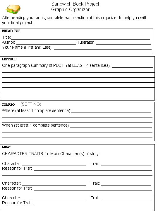 Sandwich Book Project Graphic Organizer After reading your