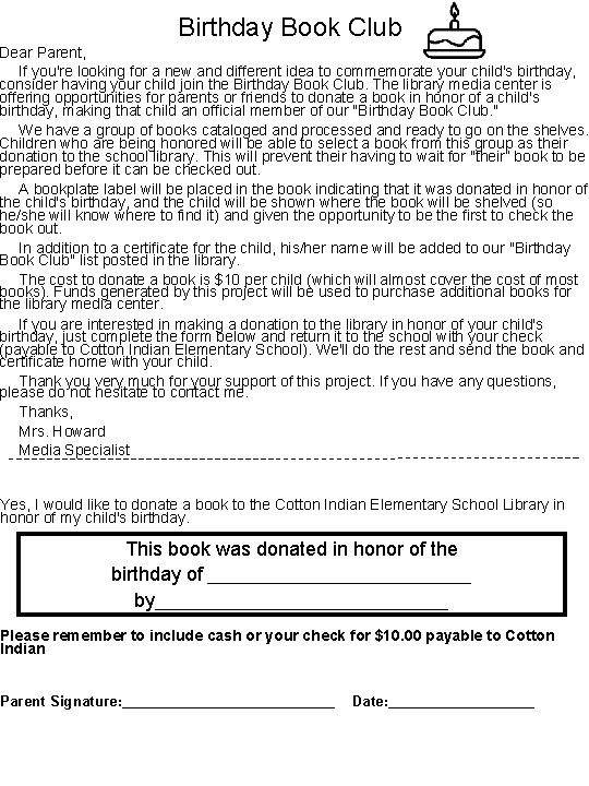 Birthday Book Club Dear Parent If youre looking