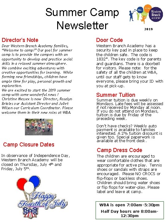 Summer Camp Newsletter 2019 Directors Note Door Code