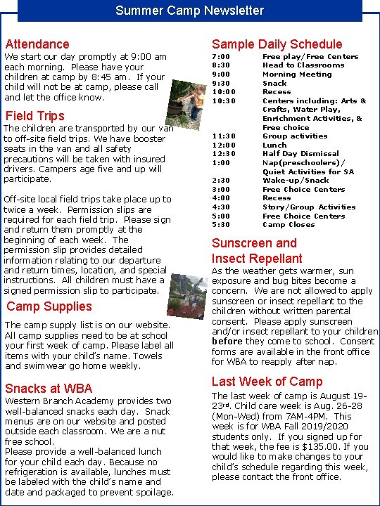Summer Camp Newsletter 2019 Directors Note Door Code