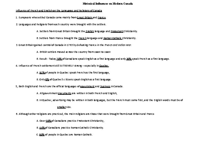 Historical Influences on Modern Canada Influence of French