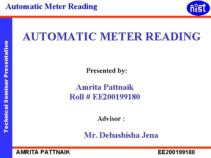 Technical Seminar Presentation Automatic Meter Reading AUTOMATIC METER