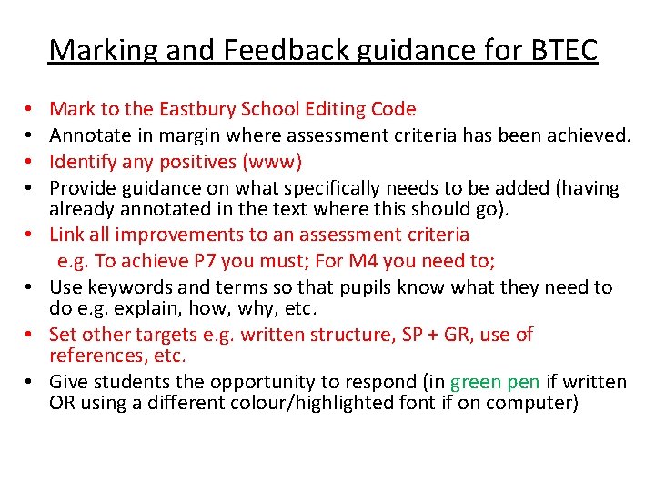 Marking and Feedback guidance for BTEC Mark to