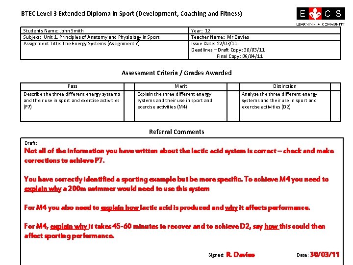 Marking and Feedback guidance for BTEC Mark to