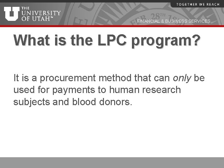 FINANCIAL BUSINESS SERVICES Limited Purchase Checks LPCs Accounts