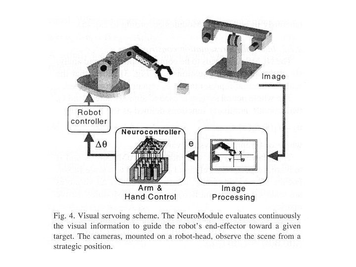 Visually guided movements learning with modular neural maps