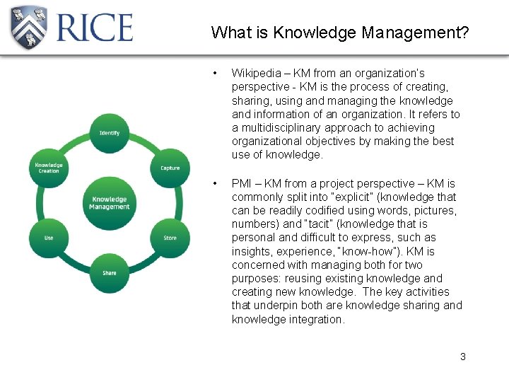 Rice PMO Knowledge Management Brief Discussion of Knowledge