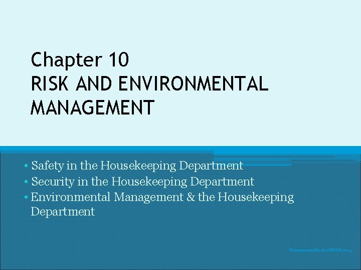 Chapter 10 RISK AND ENVIRONMENTAL MANAGEMENT Safety in