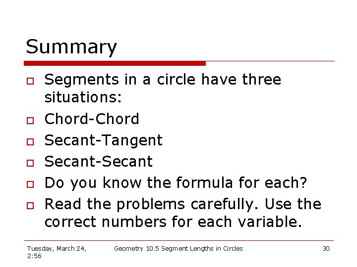 Geometry 10 5 Segment Length in Circles Tuesday