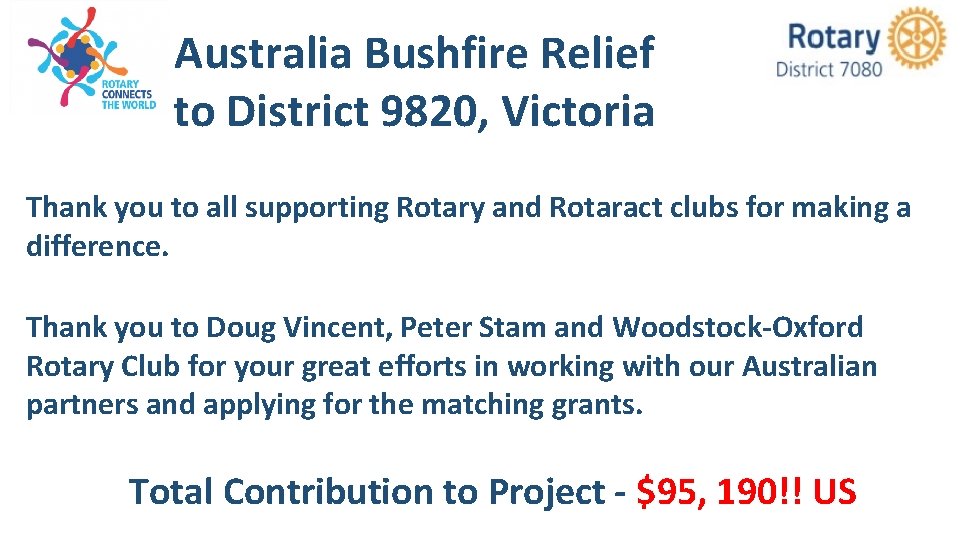AUSTRALIAN BUSHFIRES RELIEF DISTRICT 7080 SUPPORT Rotary Australia