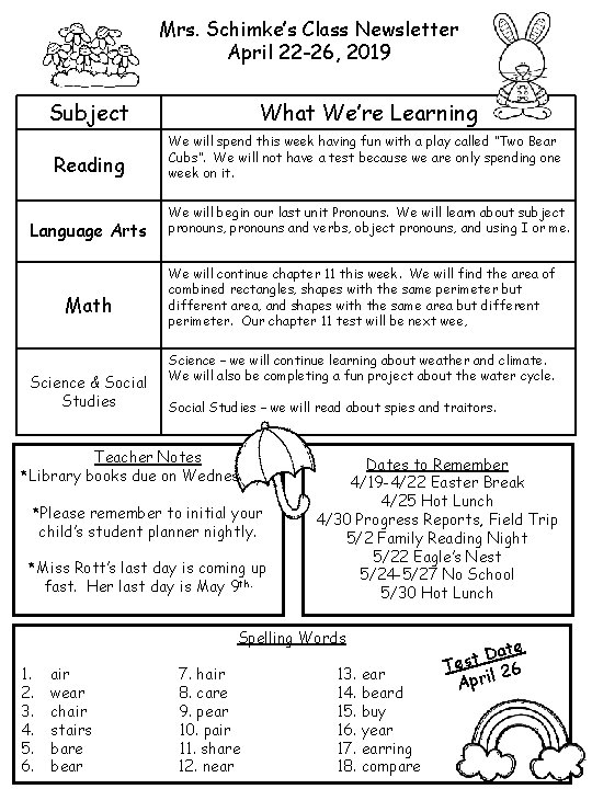 Mrs Schimkes Class Newsletter April 22 26 2019