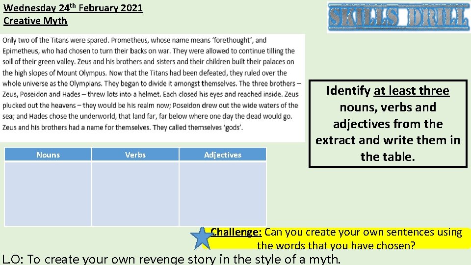 Wednesday 24 th February 2021 Creative Myth Nouns