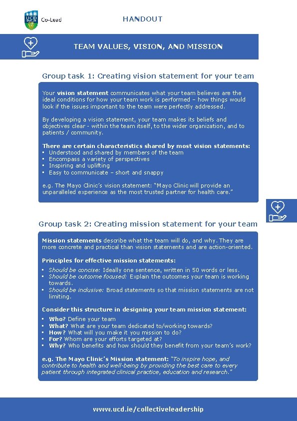 HANDOUTS TEAM VALUES VISION AND MISSION www ucd
