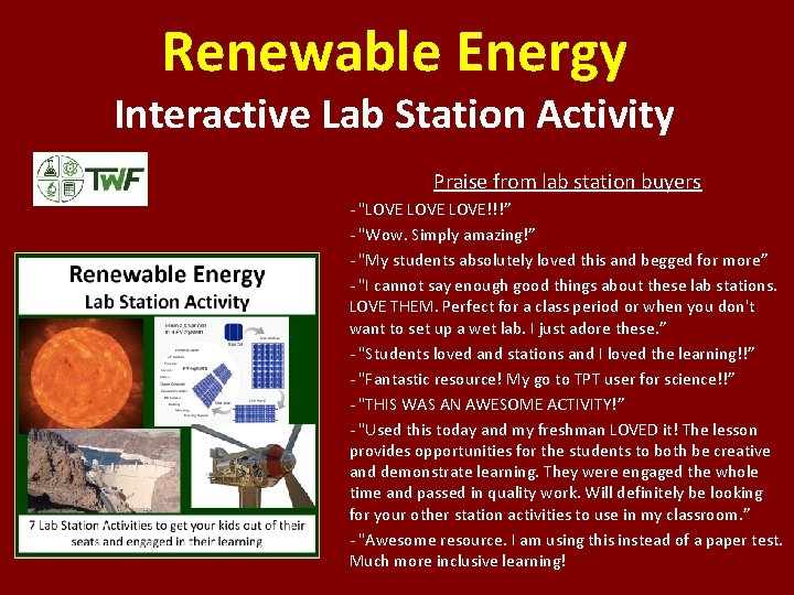 Renewable Energy Interactive Lab Station Activity Praise from